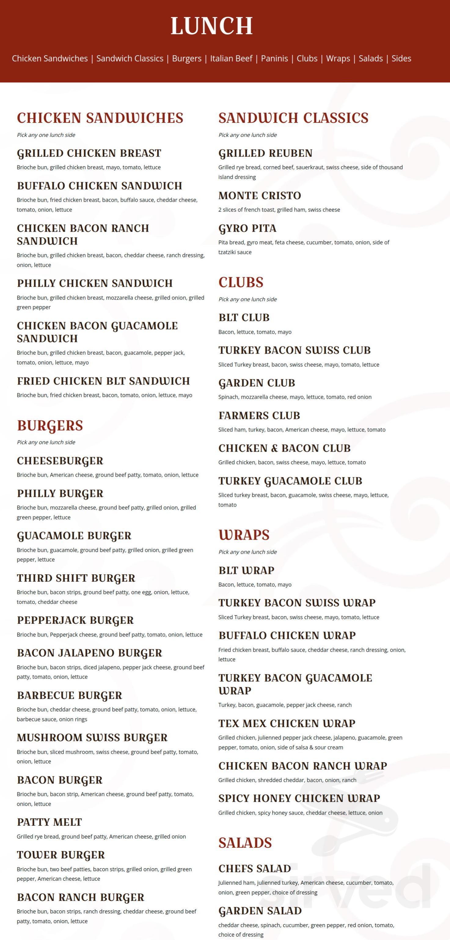 Around The Clock menu in Schererville, Indiana, USA