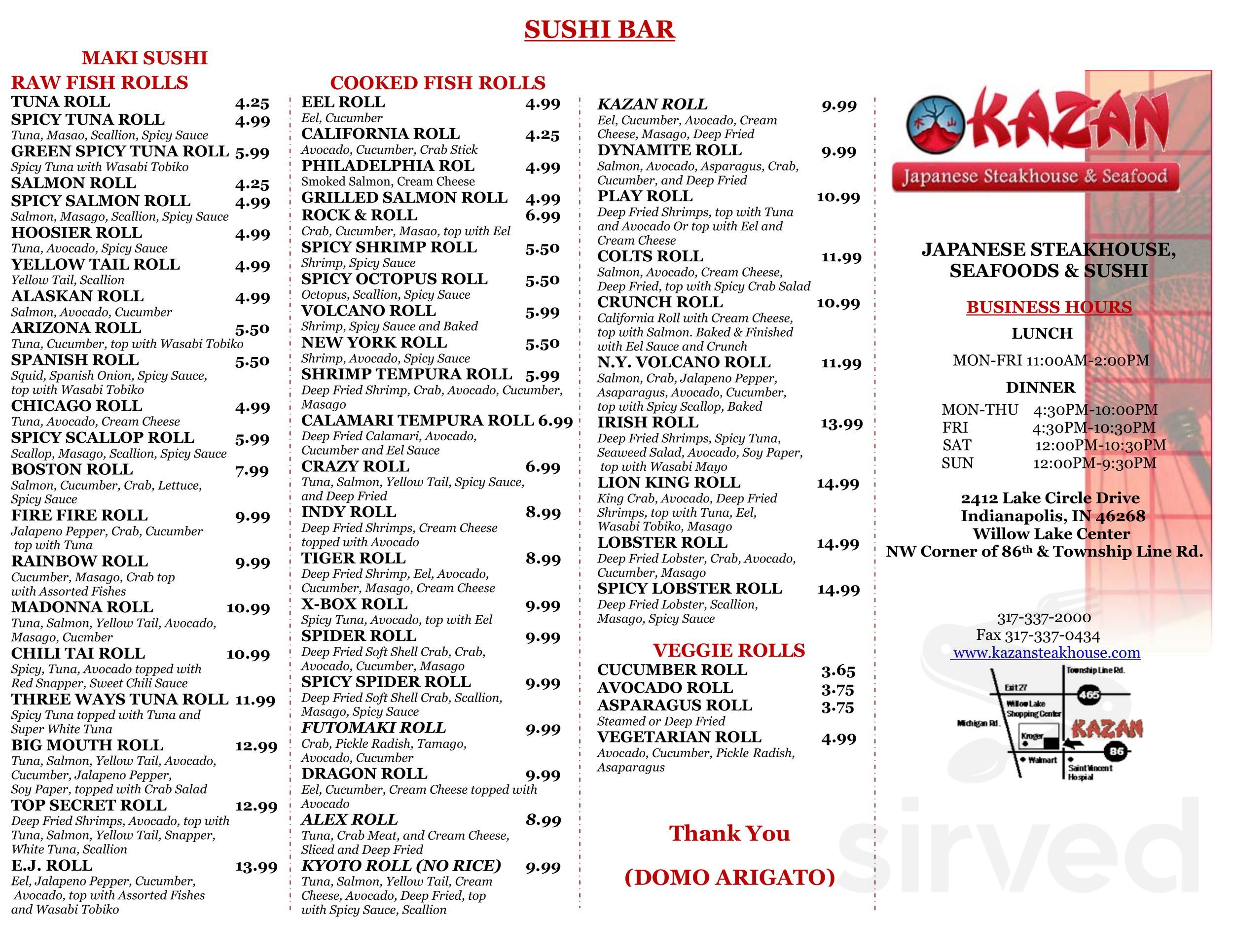 Kazan Japanese Steakhouse menu in Indianapolis, Indiana, USA