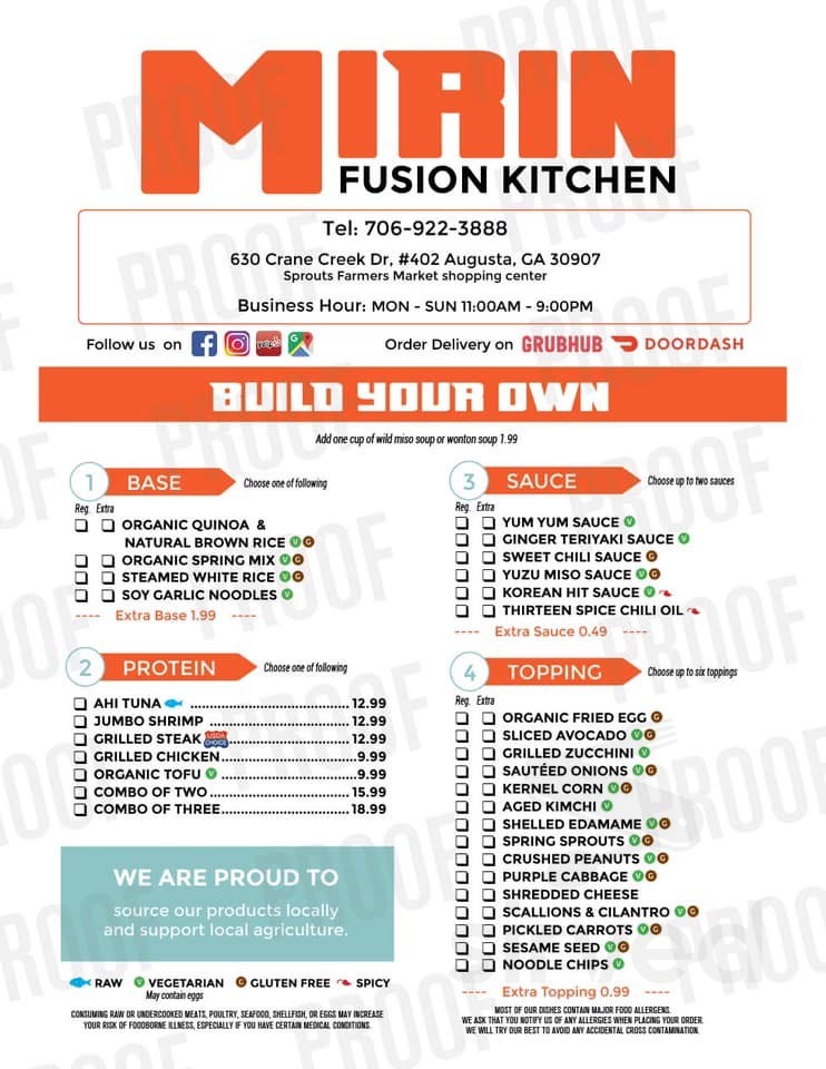 Menu for Mirin Fusion Kitchen in Augusta, GA | Sirved