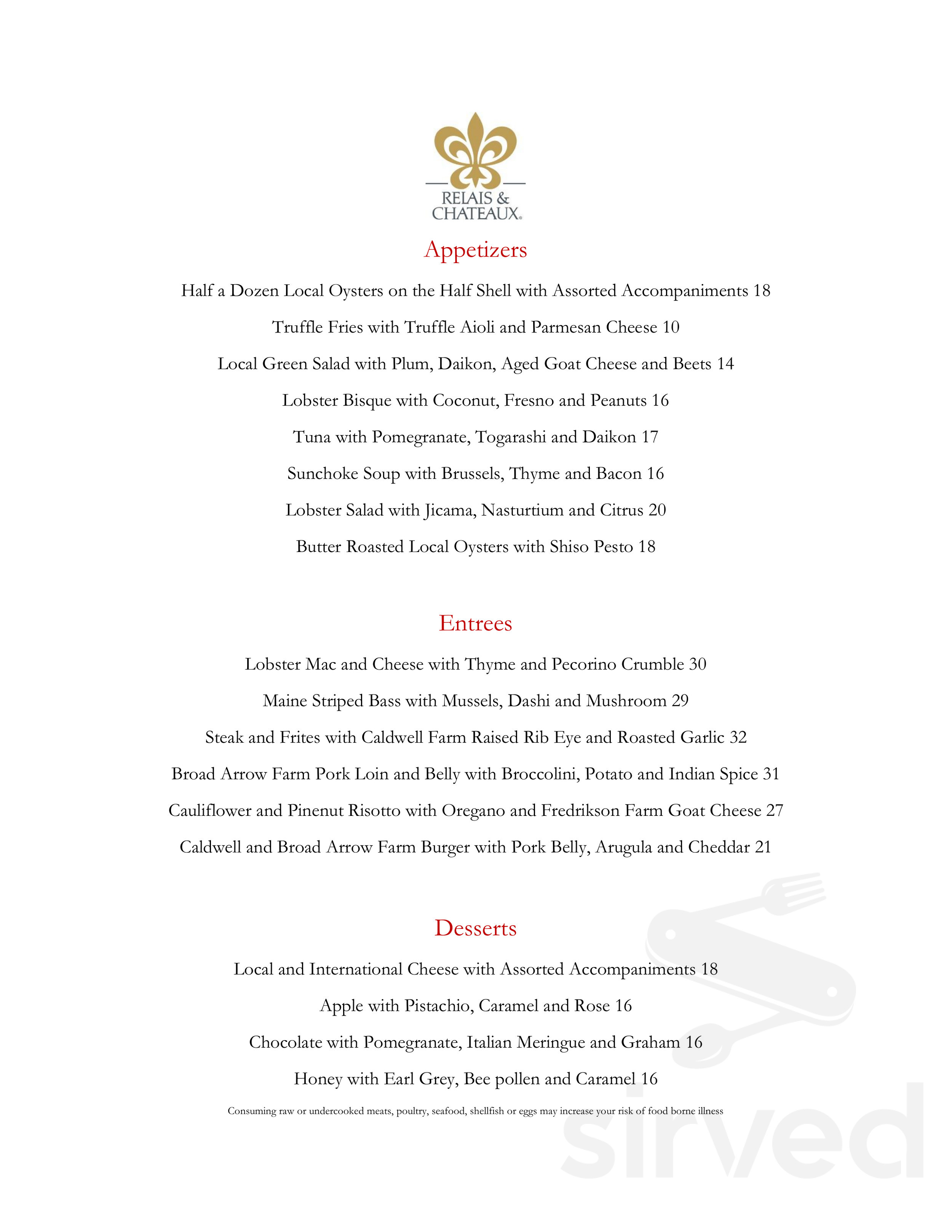 Natalie's Restaurant - Relais and Chateaux menu in Camden, Maine, USA