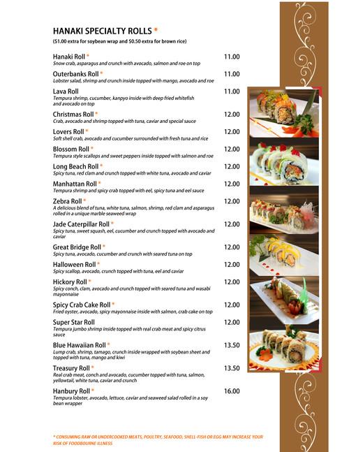 Hanaki Sushi menu in Chesapeake, Virginia, USA