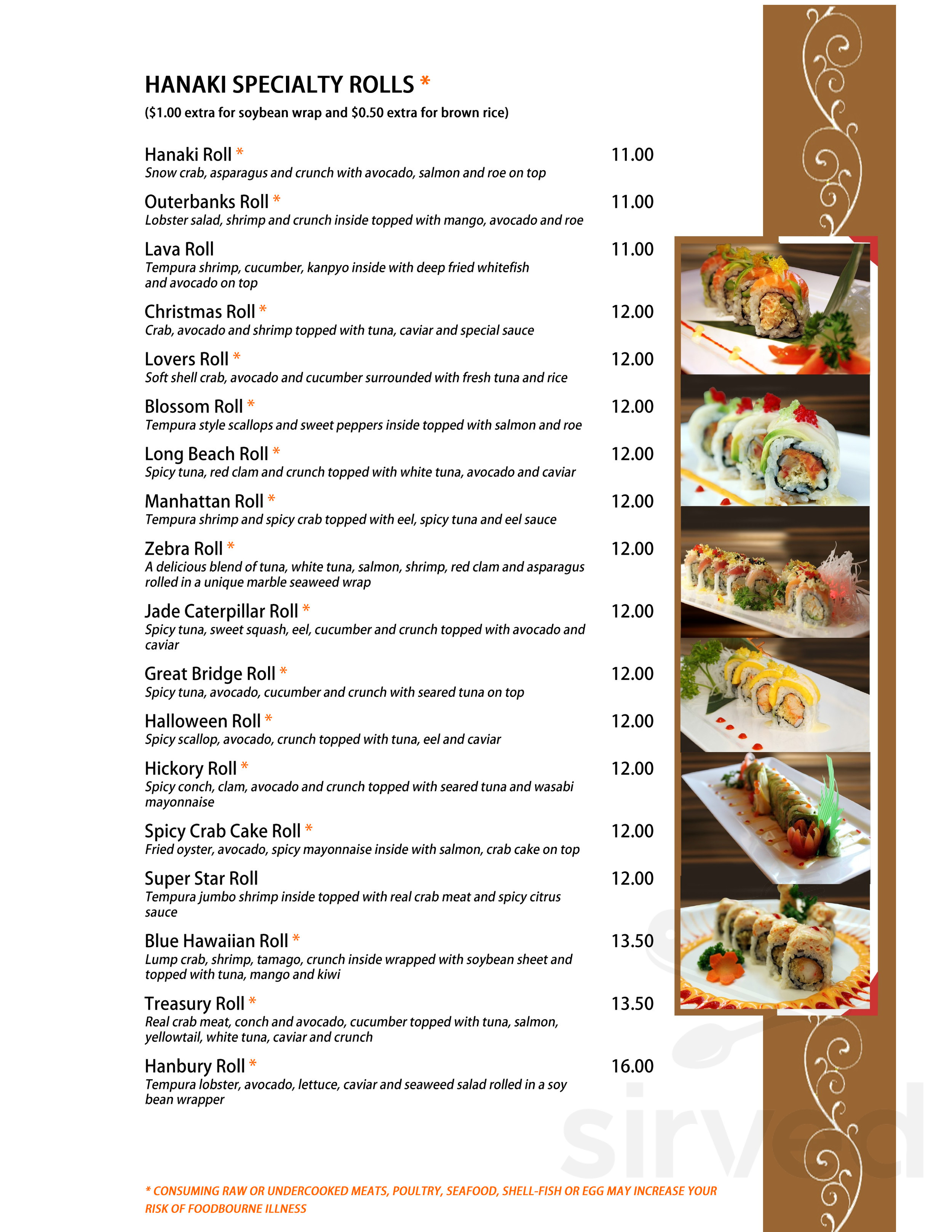 Hanaki Sushi menu in Chesapeake, Virginia, USA