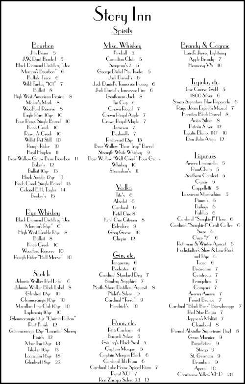 Story Inn menu in Nashville, Indiana, USA