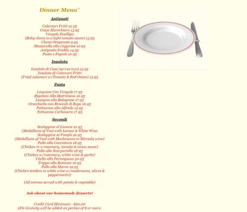 Tra Di Noi. menu in The Bronx, New York, USA