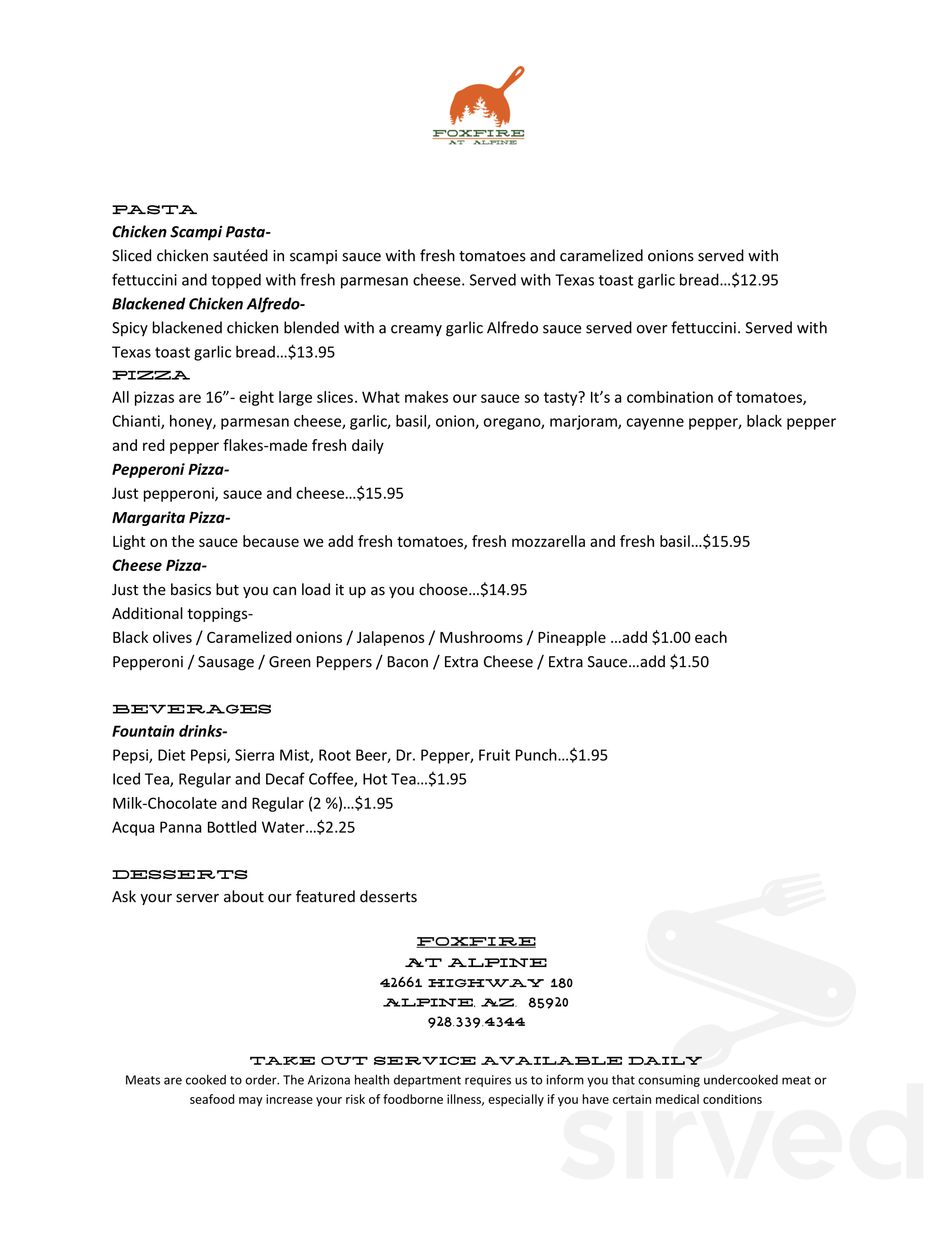 Foxfire at Alpine menus in Alpine, Arizona, United States