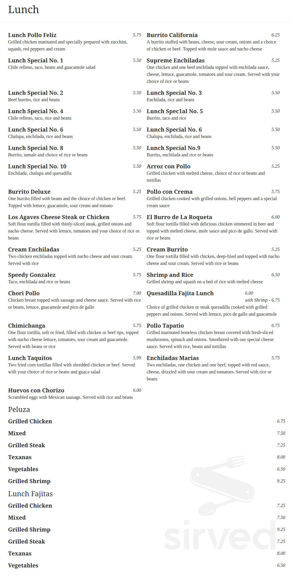 Menu for Los Agaves Mexican Restaurant in Thomasville, NC | Sirved