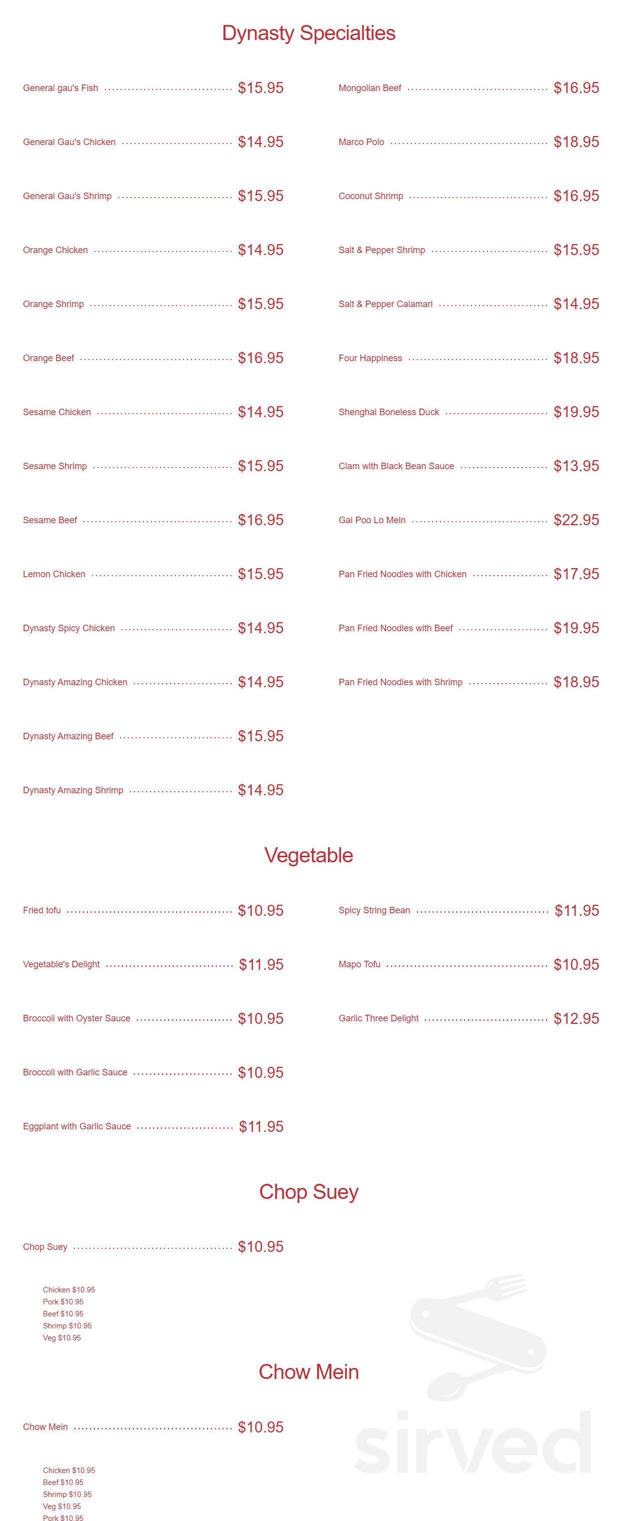 Ming Dynasty Chinese & Japanese Restaurant menu in Marshfield ...