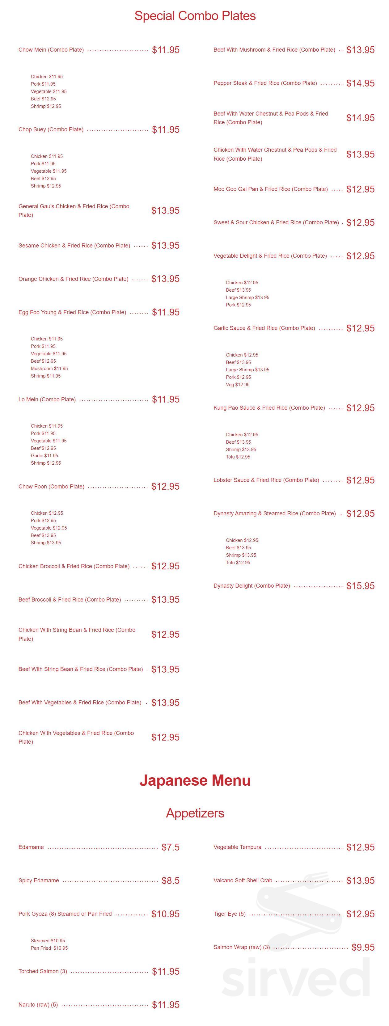Ming Dynasty Chinese & Japanese Restaurant menu in Marshfield ...