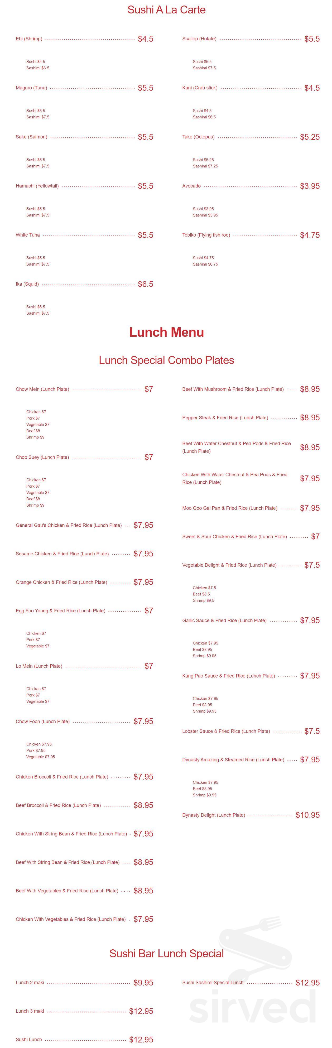 Ming Dynasty Chinese & Japanese Restaurant menu in Marshfield ...