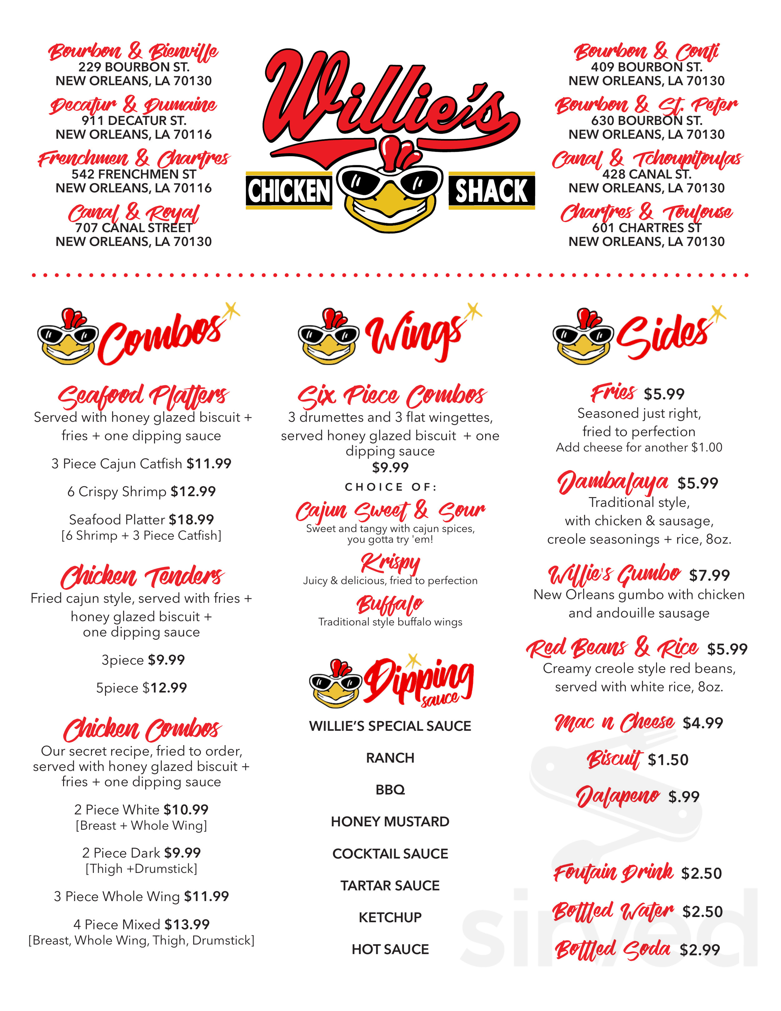 Willie's Chicken Shack menu in New Orleans, Louisiana, USA