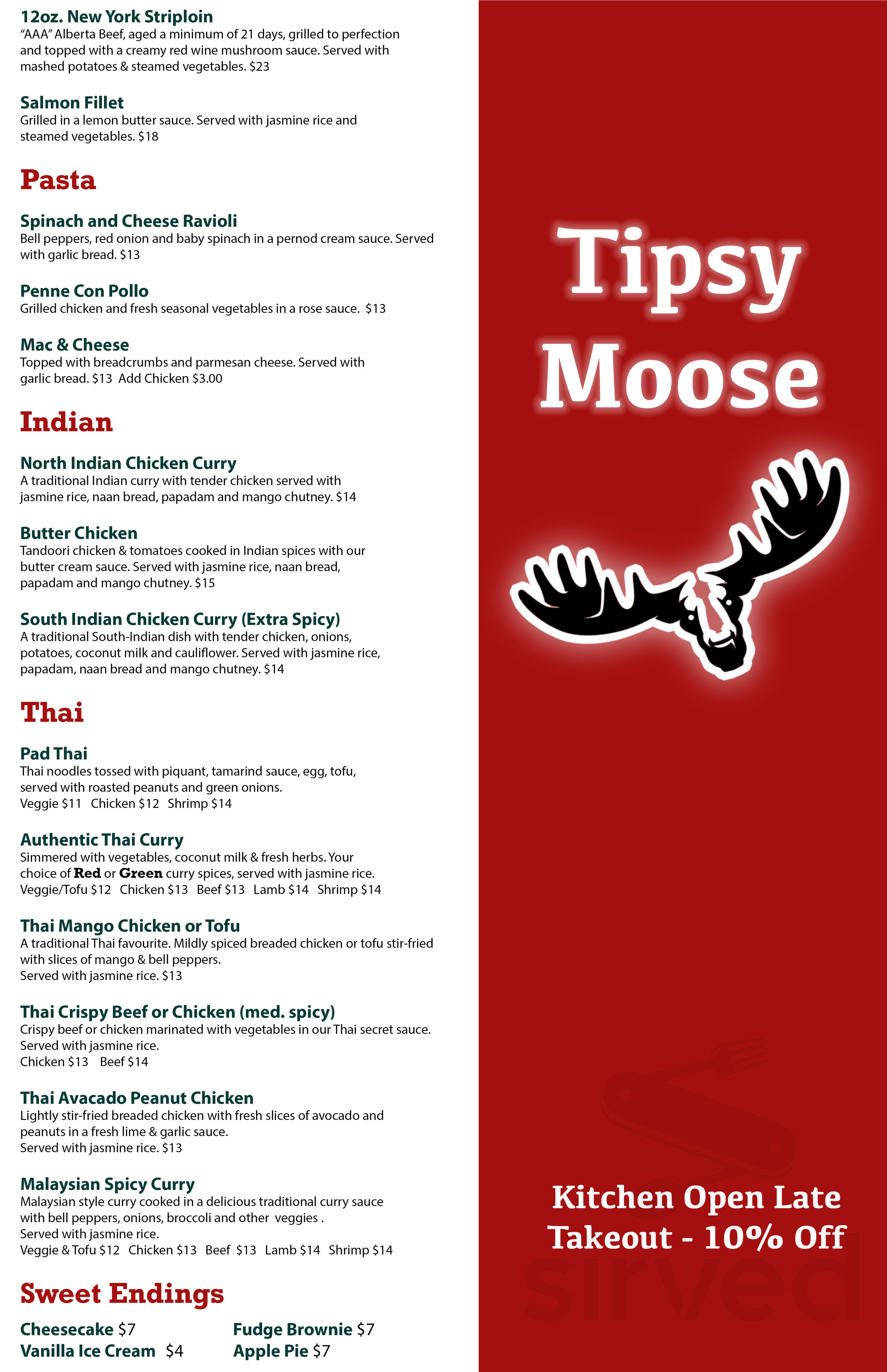 Tipsy Moose Pub menus in Toronto, Ontario, Canada