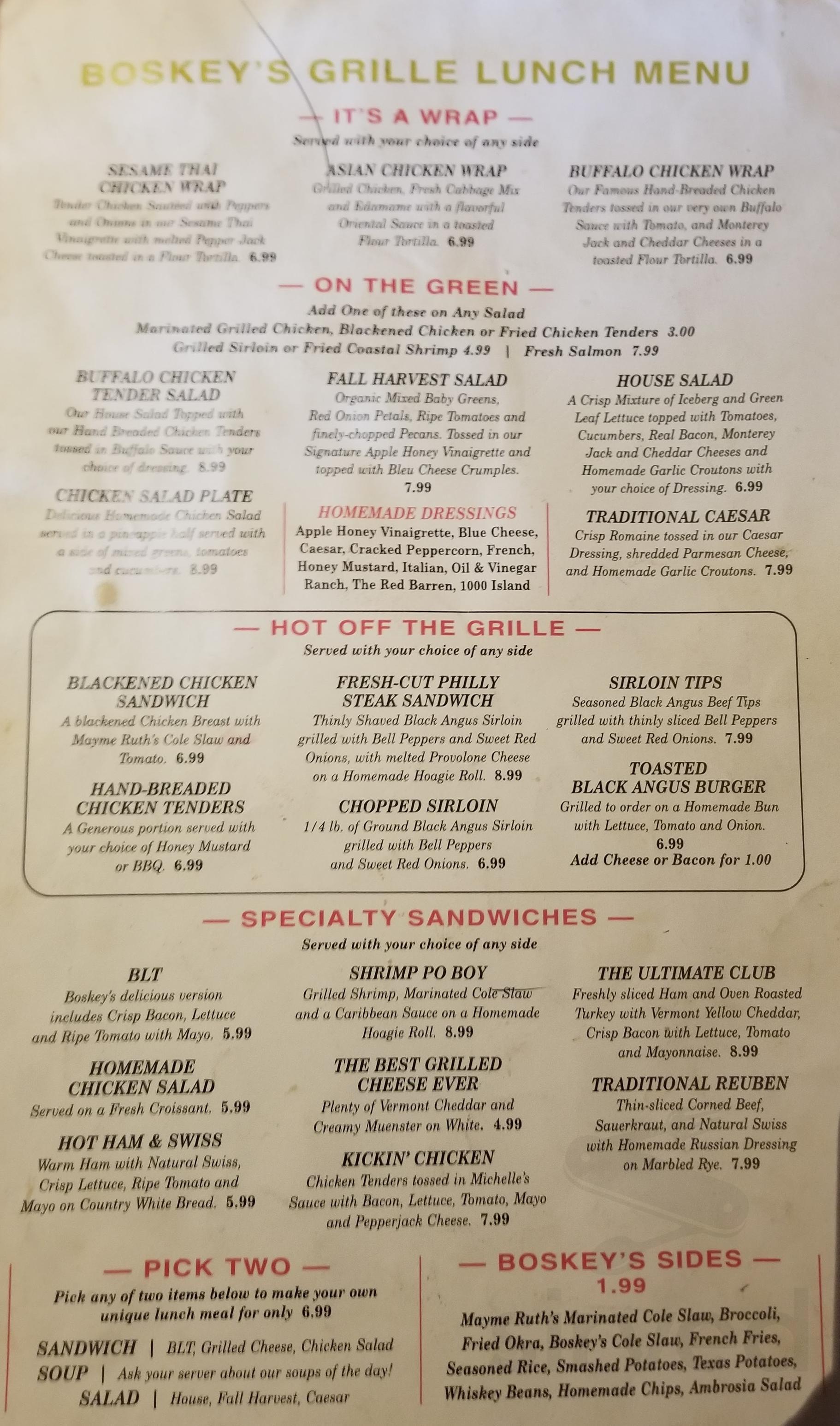 Boskey's Grille menu in Manchester, Tennessee, USA