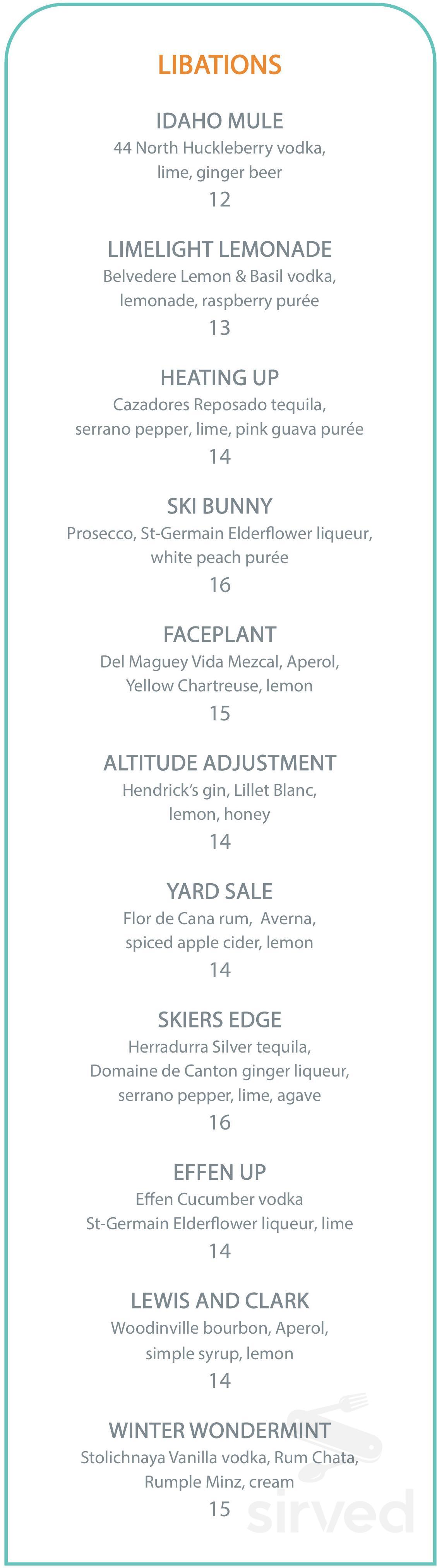 Limelight Hotel menu in Ketchum, Idaho, USA