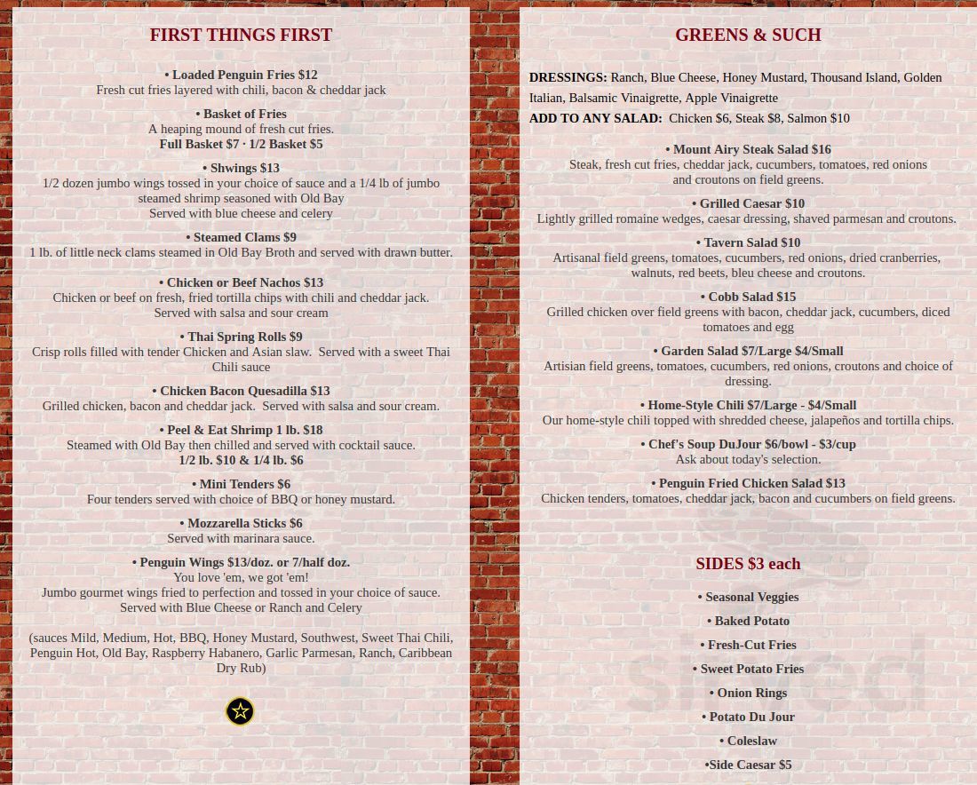 The Penguin Hotel menu in Stevens, Pennsylvania, USA