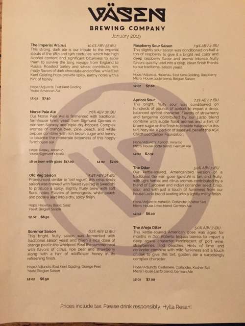 Väsen Brewing Company menu in Richmond, Virginia, USA