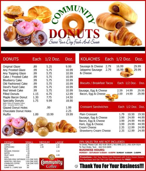 Community Donuts menu in Oxford, Mississippi, USA