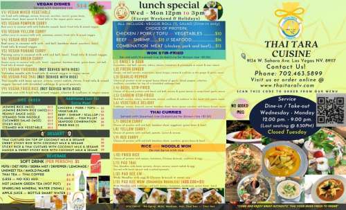 Thai Tara Cuisine menu in Las Vegas, Nevada, USA