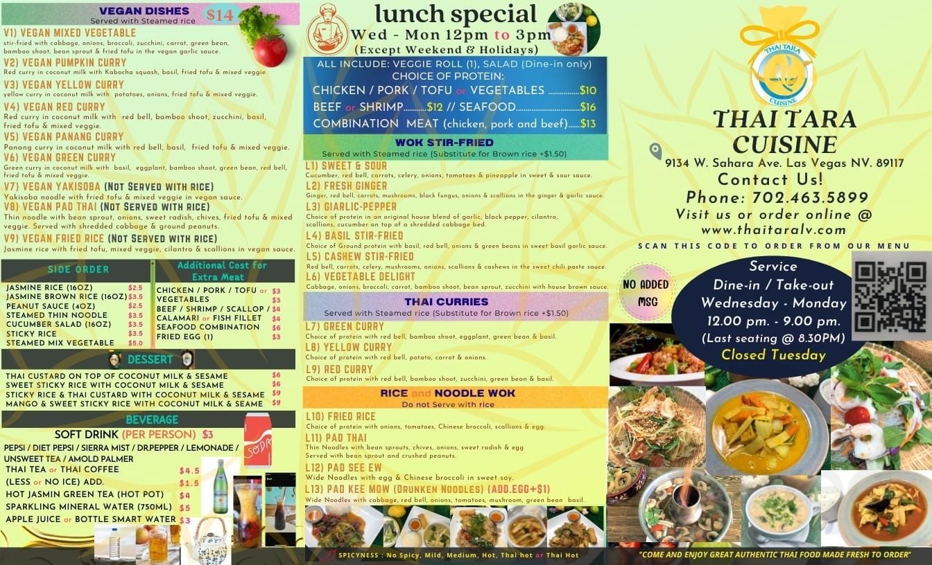 Thai Tara Cuisine menu in Las Vegas, Nevada, USA
