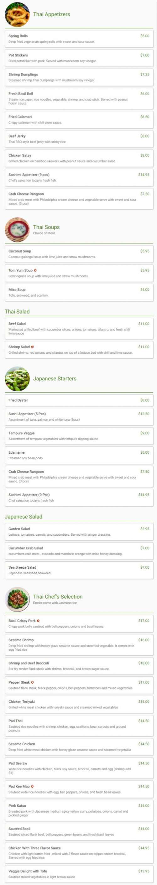 Satto Thai and Sushi Bar menu in Atlanta, Georgia, USA