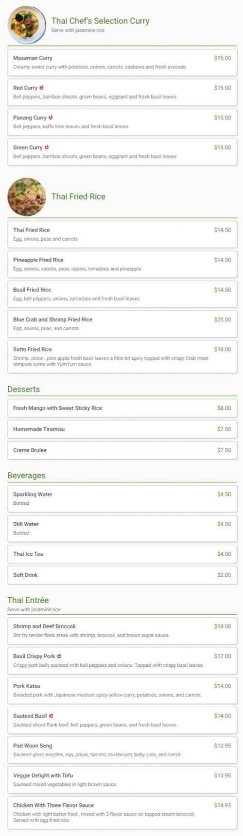 Satto Thai and Sushi Bar menu in Atlanta, Georgia, USA