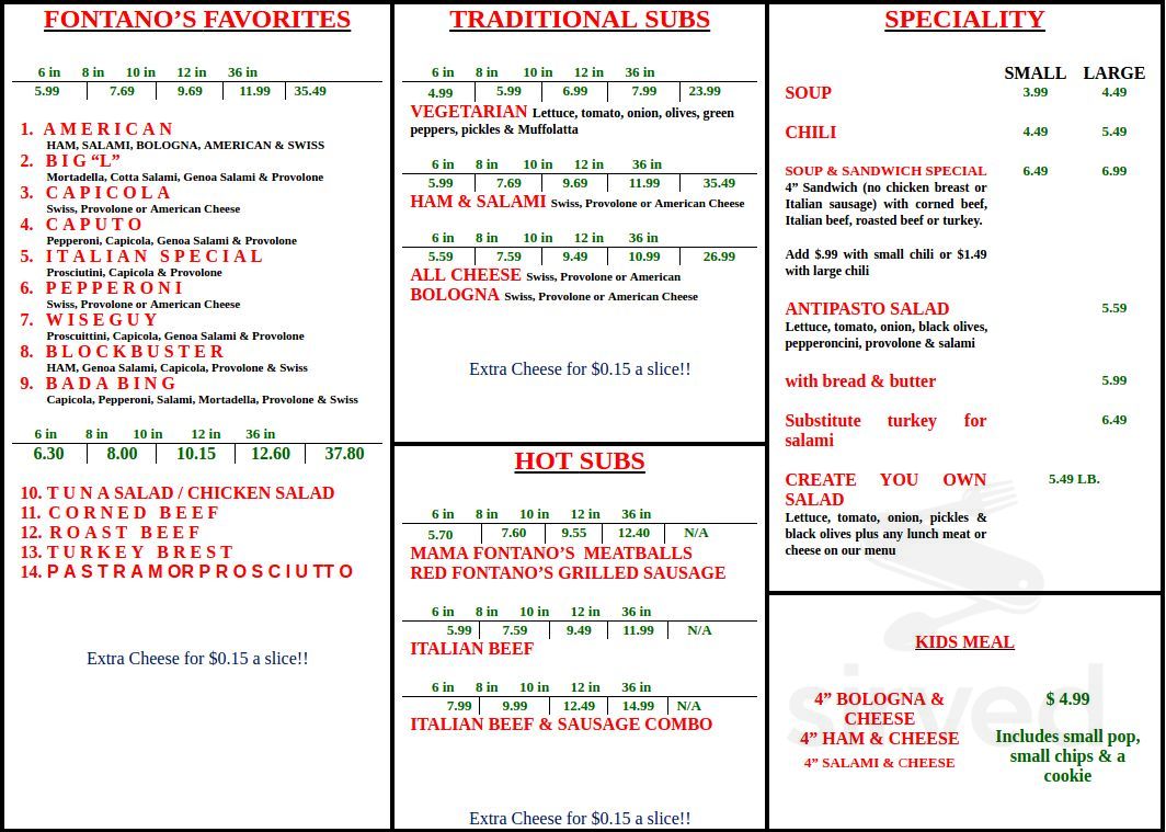 Menu for Fontano's Sub in Chicago, IL | Sirved