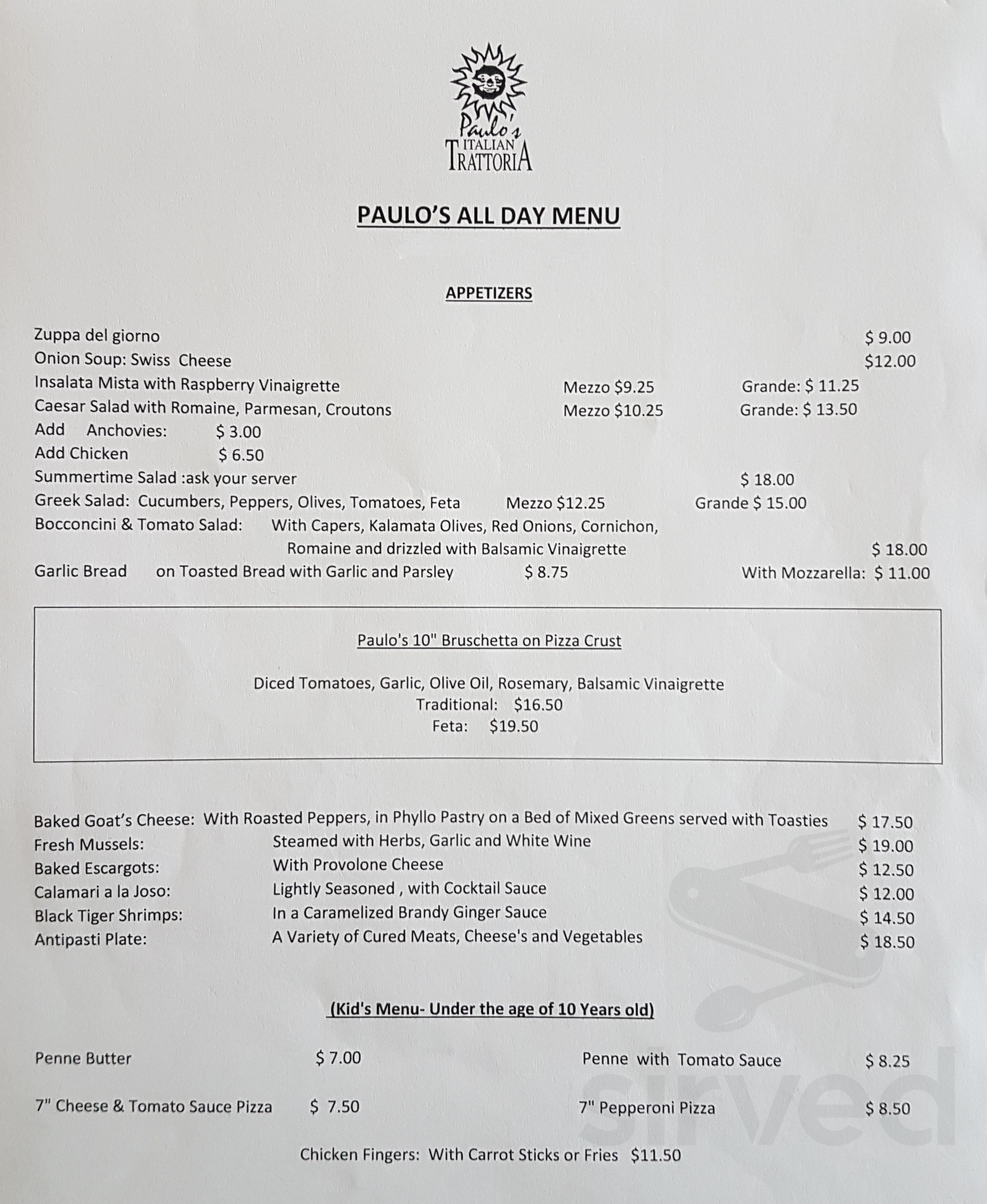 Menu - Belleville ON's Paulo's Italian Trattoria | Sirved