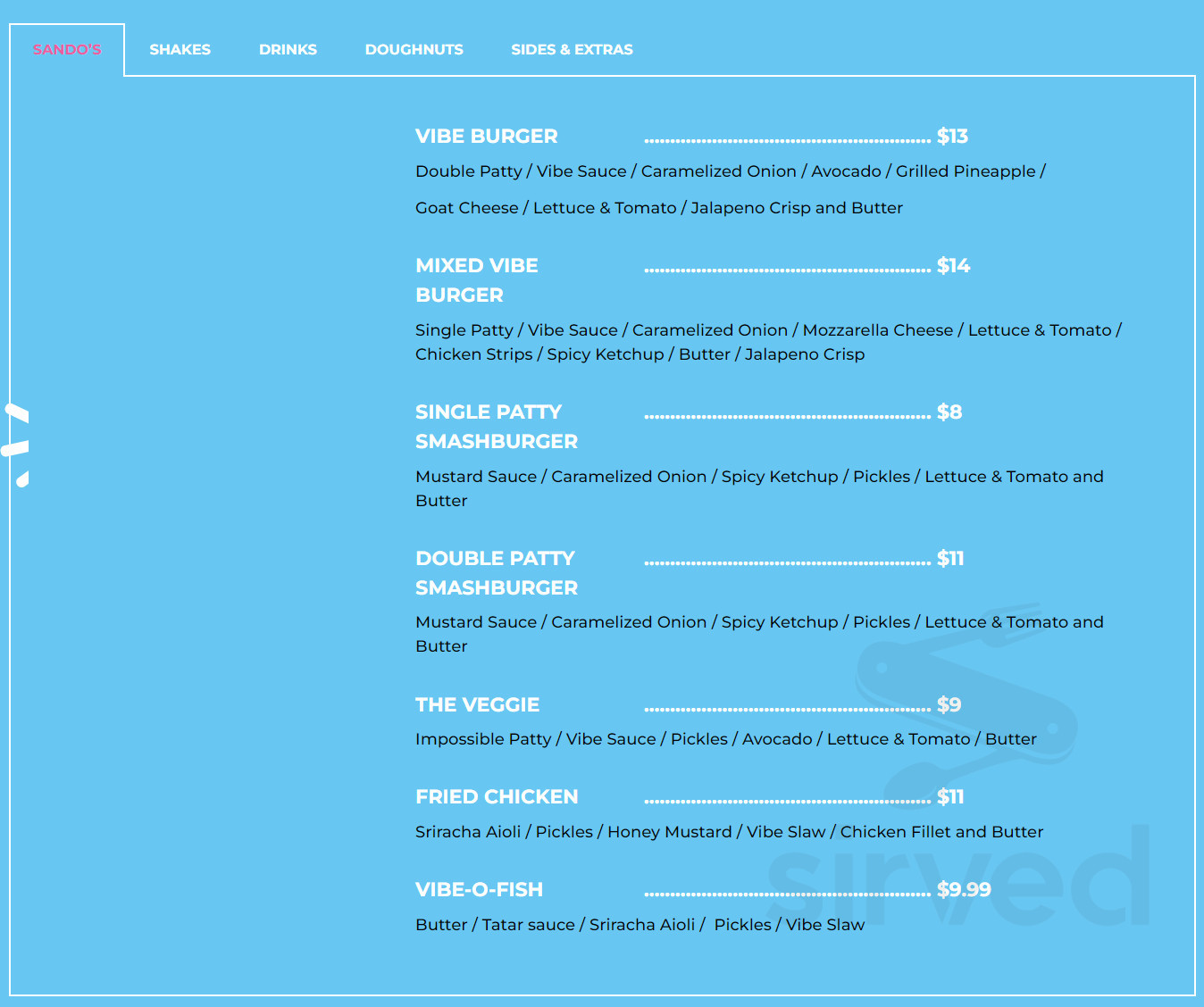 The Vibe Burgers, Shakes & Donuts menu in Barrie, Ontario, Canada