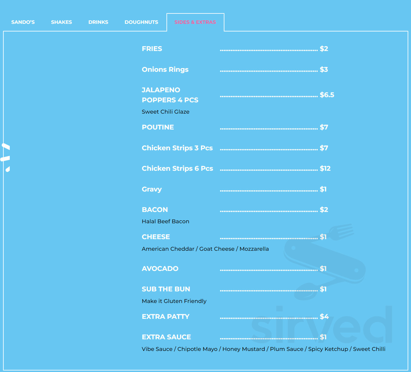 The Vibe Burgers, Shakes & Donuts menu in Barrie, Ontario, Canada