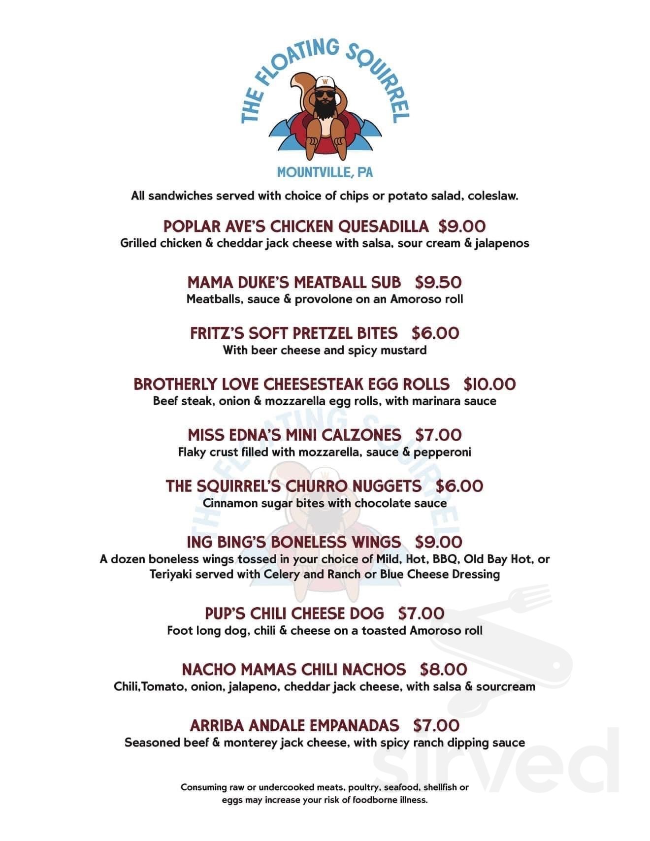 The Floating Squirrel menu in Mountville, Pennsylvania, USA