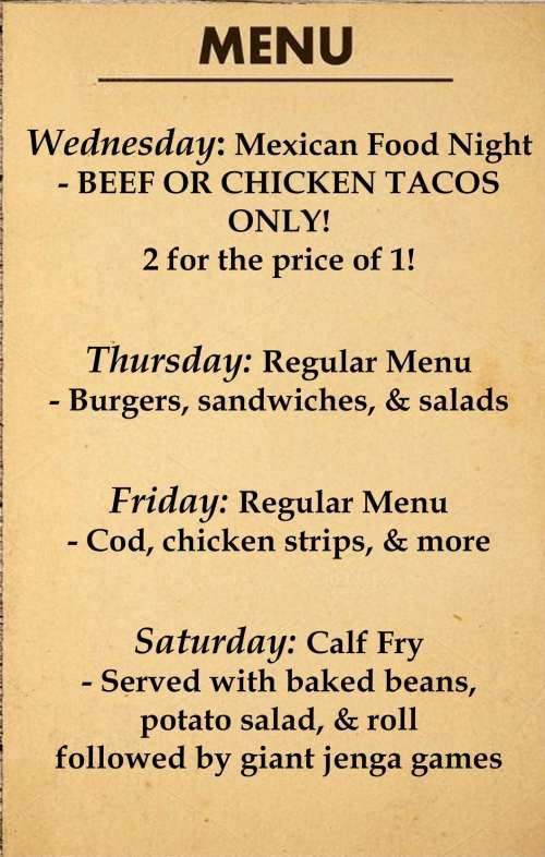 Elks Lodge menu in Pratt, Kansas, USA