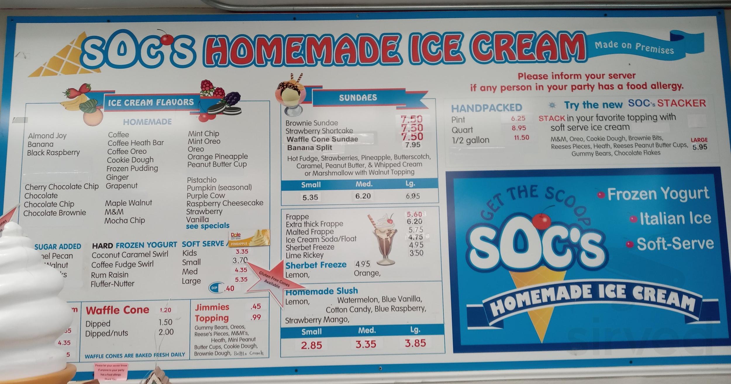 Soc's Ice Cream menu in Saugus, Massachusetts, USA