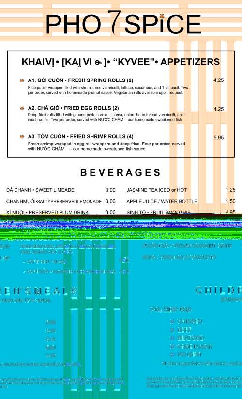 Pho 7 Spice menu in Mechanicsburg, Pennsylvania, USA