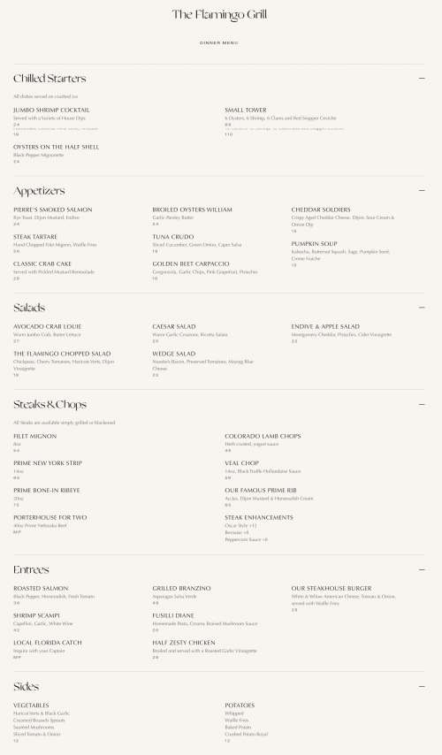 The Flamingo Grill menu in Boca Raton, Florida, USA