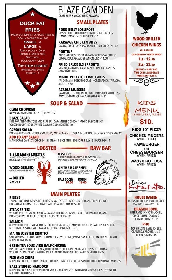 Blaze menus in Camden, Maine, United States