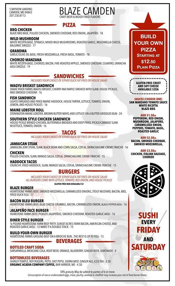 Blaze menus in Camden, Maine, United States