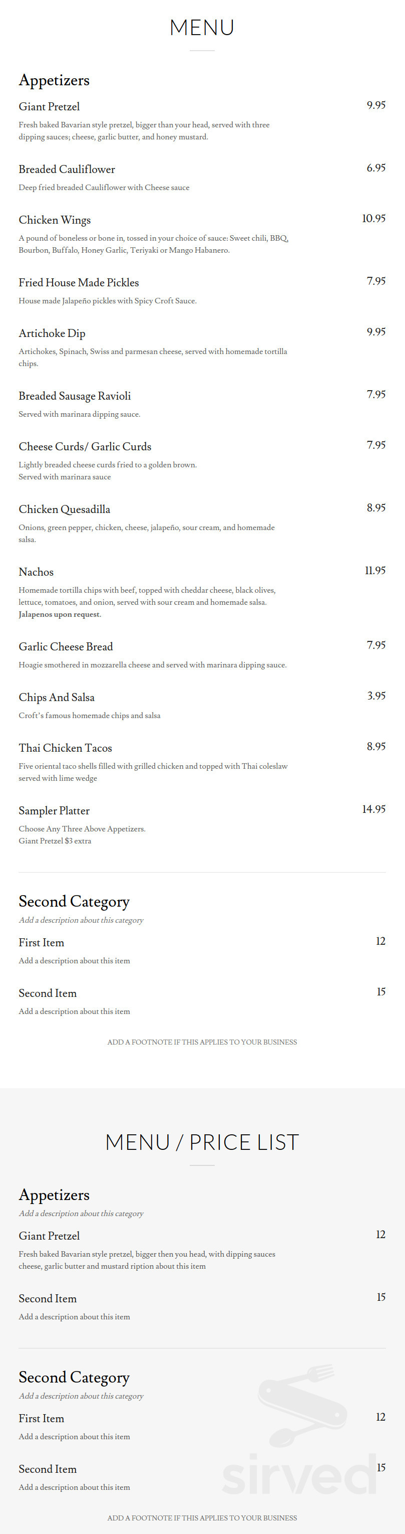 Menu for Croft Pub and Grub in Crosby, MN | Sirved