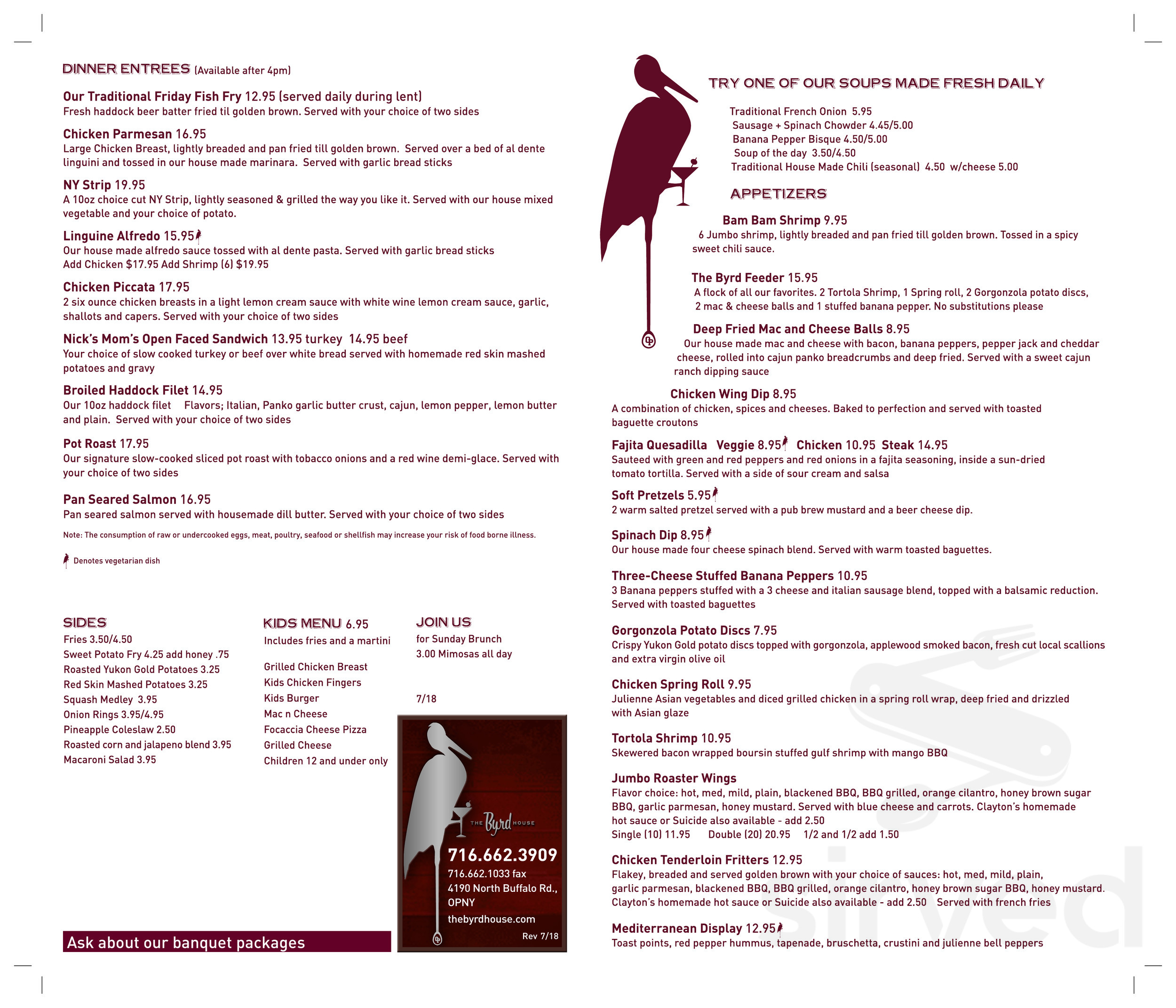 Menu for The Byrd House in Orchard Park, NY | Sirved