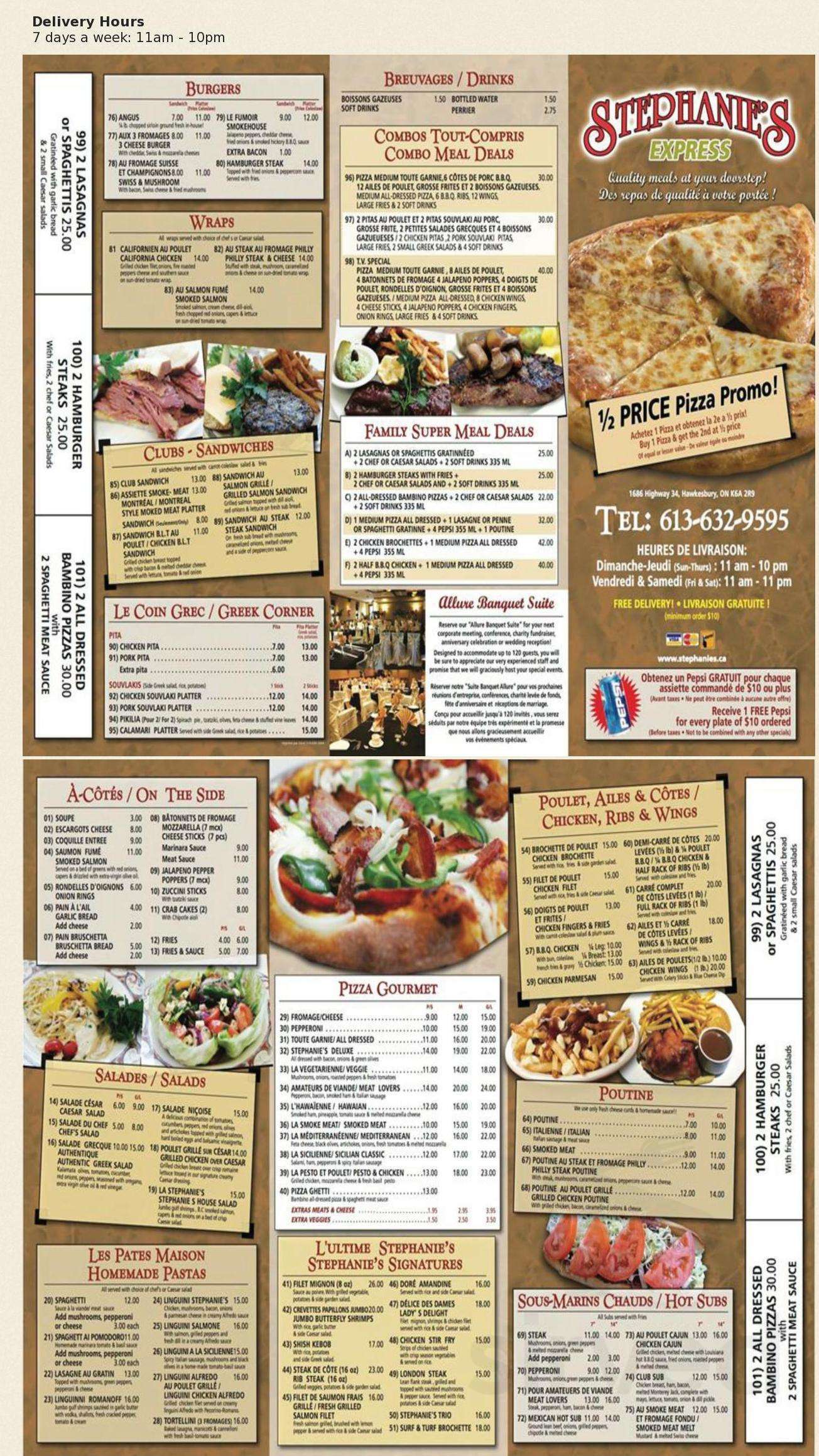 Menu for Stephanie's Grill and Bar in Hawkesbury, ON | Sirved