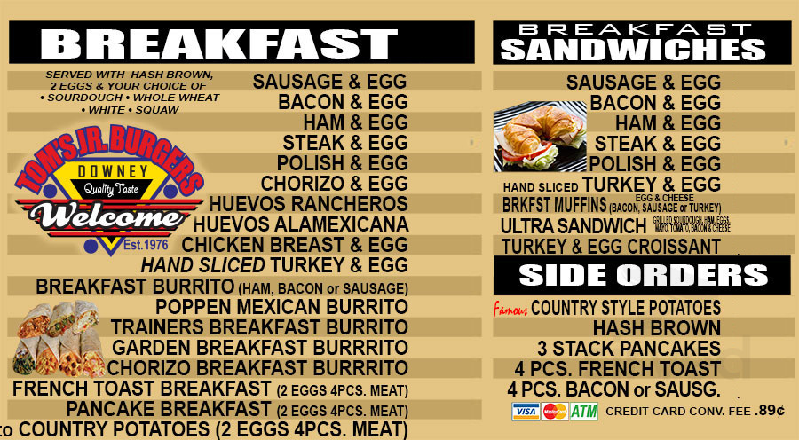 Tom's Jr. Burgers menu in Downey, California, USA