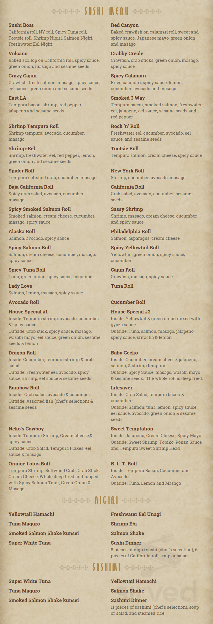Musashi's Japanese Steakhouse menu in Oklahoma City, Oklahoma, USA