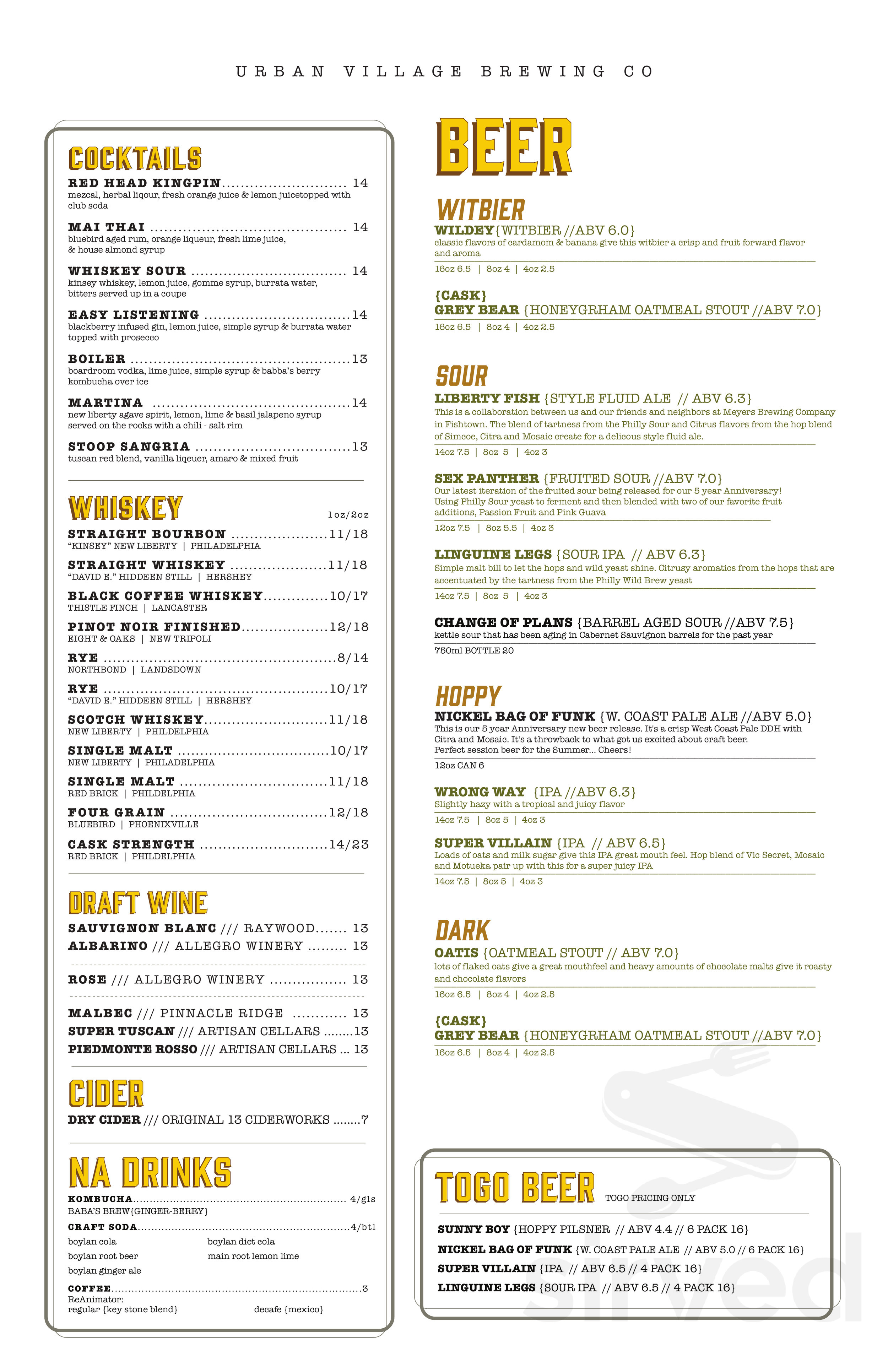 Urban Village Brewing Company menu in Philadelphia, Pennsylvania, USA