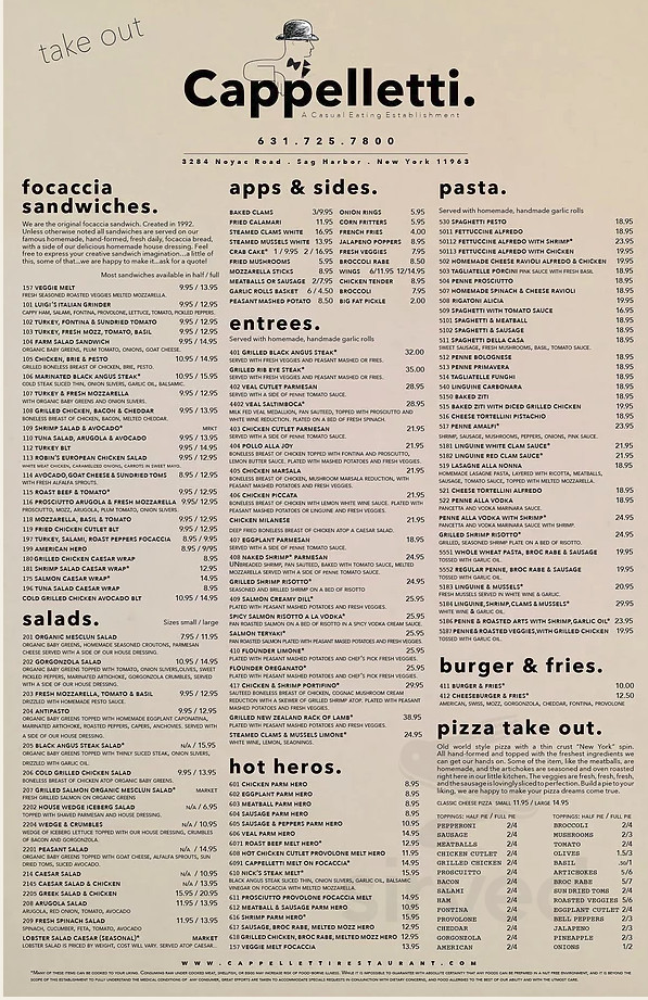 Menu for Cappelletti Restaurant & Take Out in Sag Harbor, NY | Sirved
