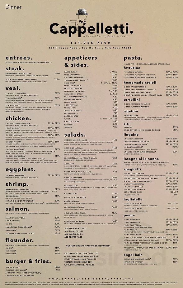 Menu for Cappelletti Restaurant & Take Out in Sag Harbor, NY | Sirved