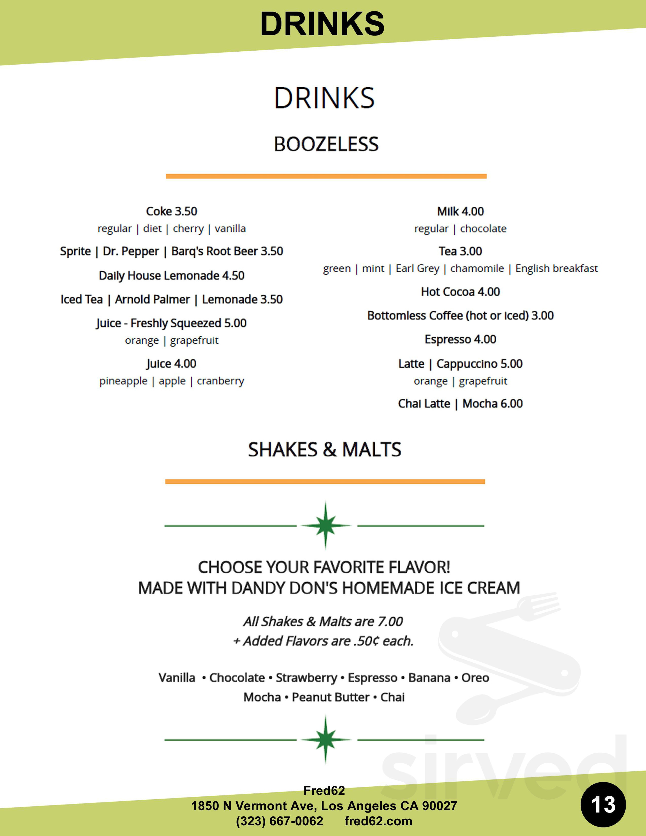 Fred 62 menu in Los Angeles, California, USA