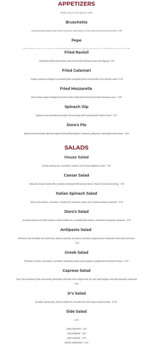 Doro's Italian Restaurant menu in Calhoun, Georgia, USA