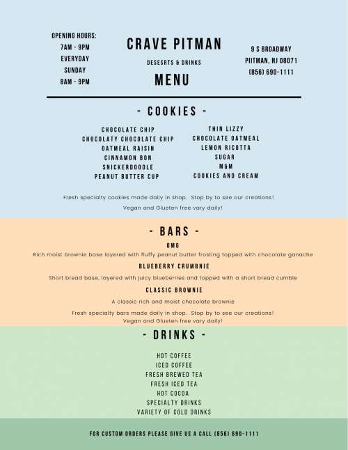Crave menu in Pitman, New Jersey, USA