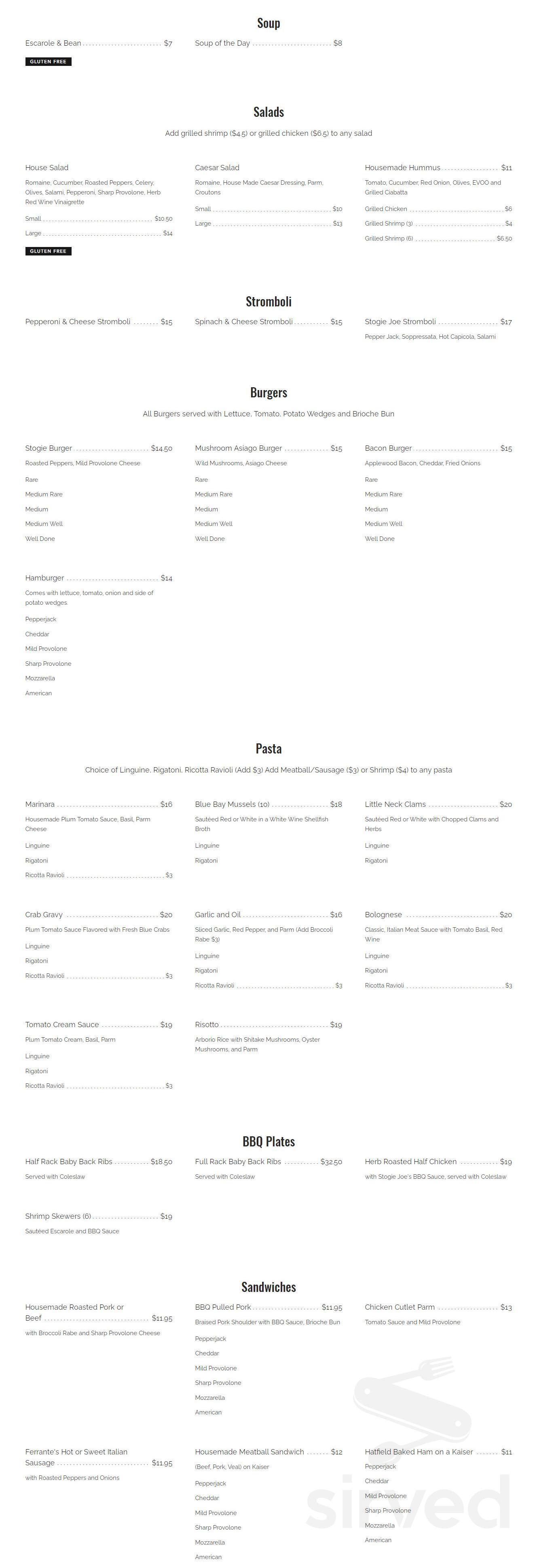 Stogie Joe's Tavern menu in Philadelphia, Pennsylvania, USA