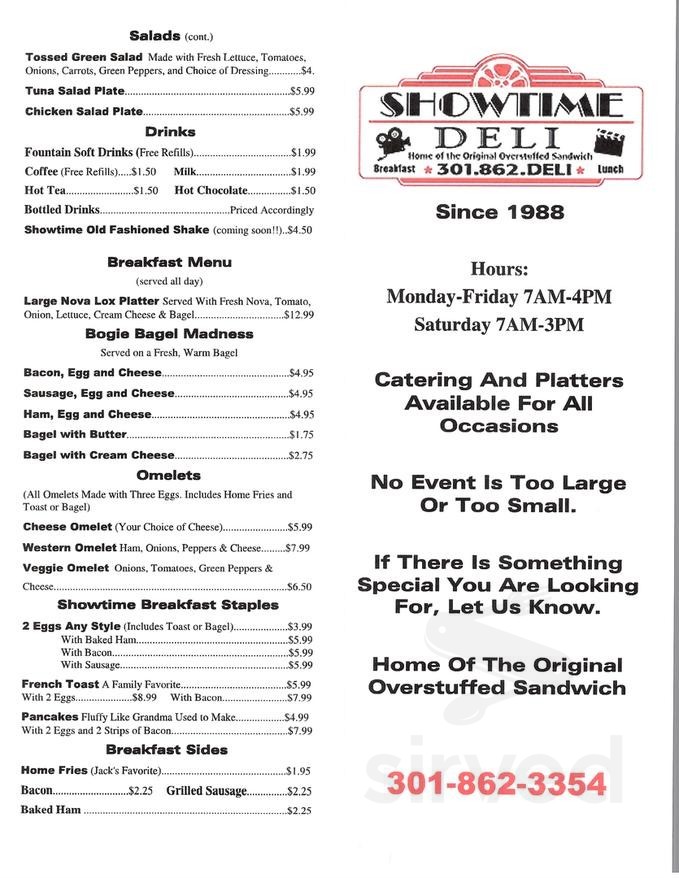 Showtime Deli menu in Lexington Park, Maryland, USA