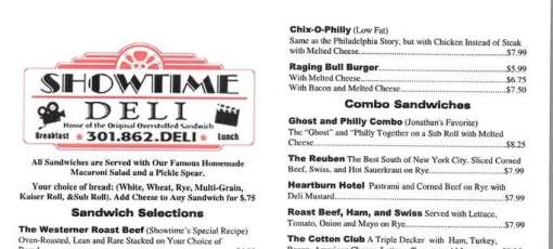 Menu for Showtime Deli in Lexington Park, MD | Sirved