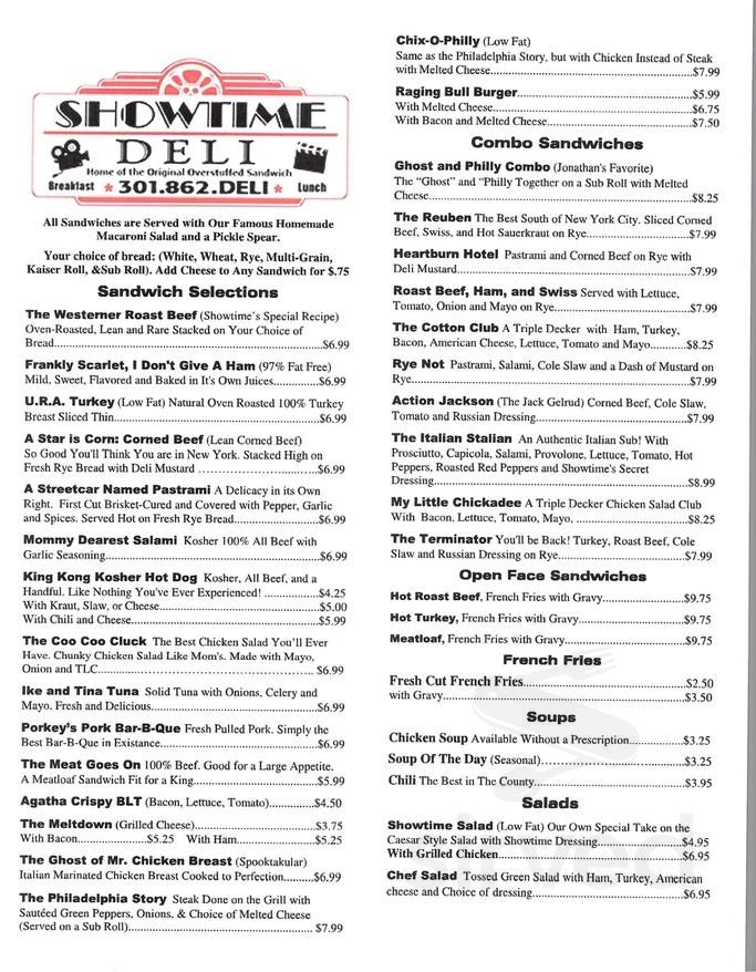 Menu - Lexington Park MD's Showtime Deli | Sirved